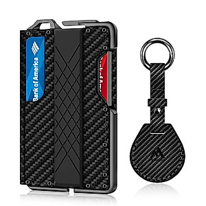MURADIN Tactical Minimalist Wallet for Men, Slim RFID-Blocking Metal Card Holder, Front Pocket Men’s Leather Dapper Bifold Wallet with Money Clip with Keychain for Airtag Carbon Fiber