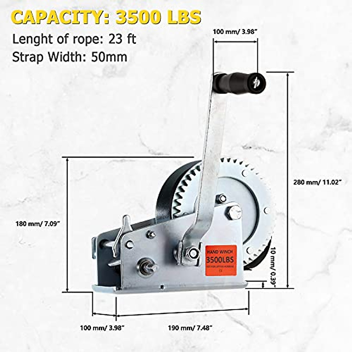 3500lbs Cable Crank Winch, AUXMART Boat Trailer Winch with 23 FT Strap and Hook, 2 Ways Heavy Duty Hand Winch for ATV, Trailer, Boat, Truck