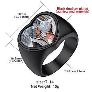 GOLDCHIC JEWELRY Heart Signet Rings With Personalised Photo, Black Pinky Ring Size K For Ladies Women