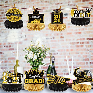 2024 Graduation Party Decorations - Black Gold Class of 2024 Graduation Party Decor Honeycomb Centerpieces for Tables Congratulate for 2024 Congrats Grad Party Supplies 8 Pcs