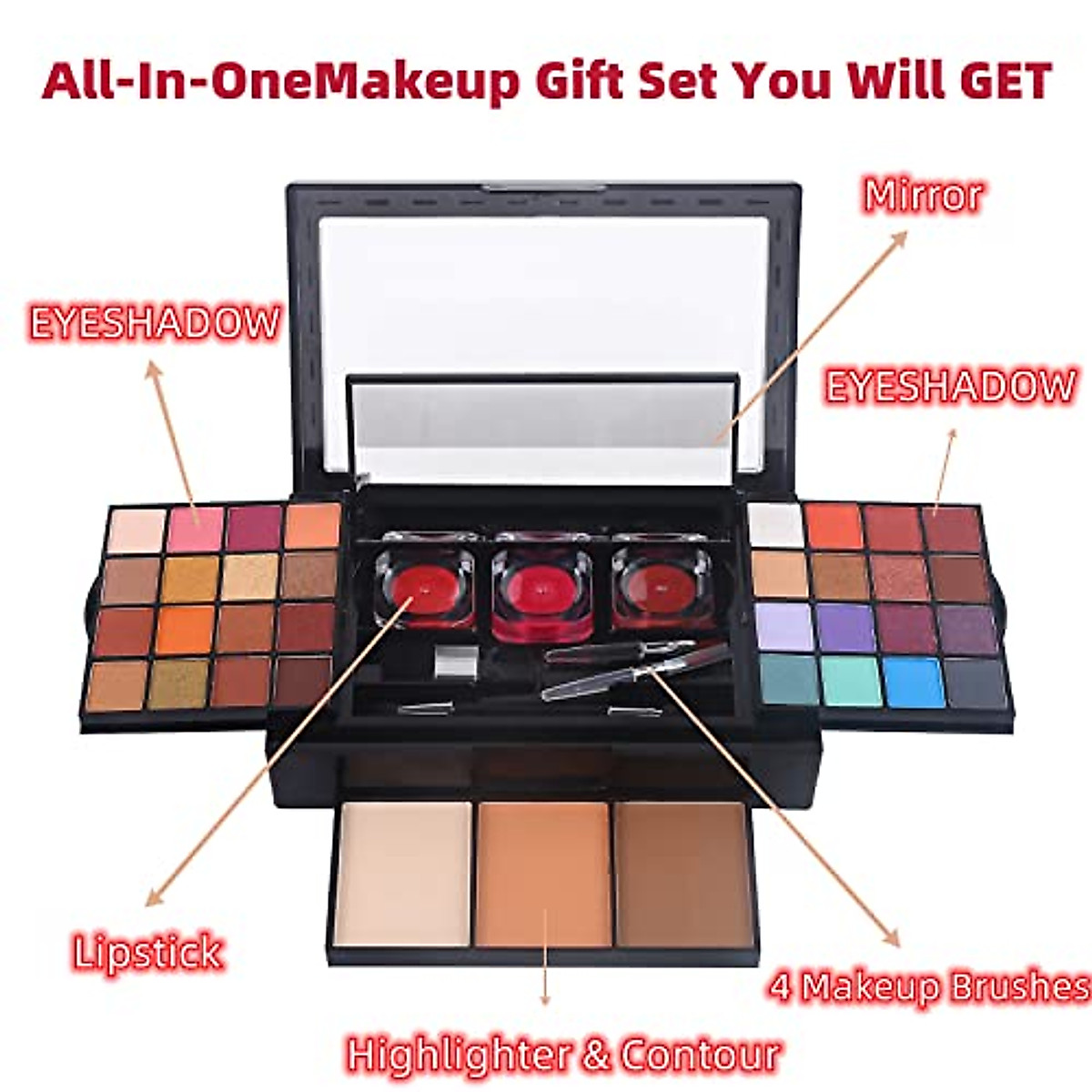 All in One Makeup Set for Women Full Kit, Includes 32 Colors Makeup Kit Eyeshadow Palette, 3 Solid Lip Gloss, 5 Pro Makeup Brushes, 3 Highlighter & Contour, 1 Make Up Mirror, Ideal Makeup Palette Gift Set for Women Girls Teens