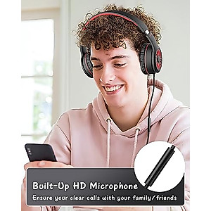 NIVAVA Wired Headphones with Microphone, K16 On-Ear Headphones for Kids with 3.5MM Jack, Foldable Stereo Bass Headphones for Teens School Amazon Kindle, Fire, Chromebook, Tablet(Black Red)