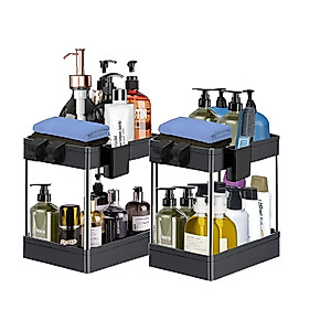 WAYLHECT 2 Tier Under Sink Organizer,Under Bathroom Sink Organizer,Under Kitchen,Bathroom Cabinet Organizers and Storage, 2 Pack Under Bathroom Sink Organizers Basket，with Hooks，Hanging Cups