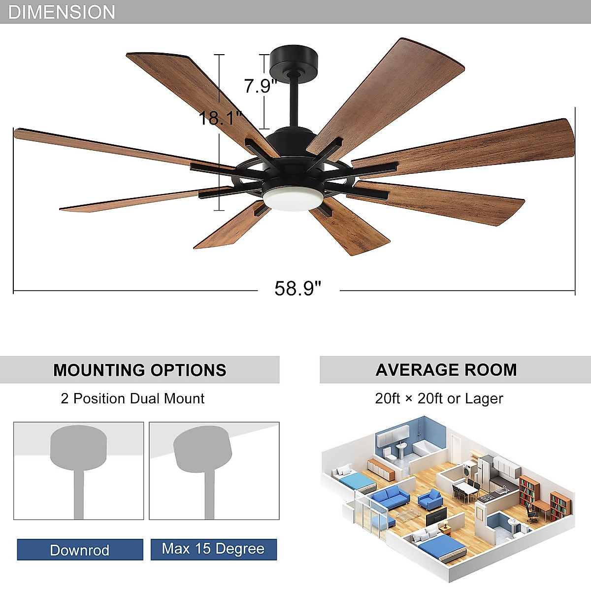 Depuley 60" Ceiling Fan with Lights and Remote Control, Farmhouse Large Ceiling Fan, Reversible Motor and 8 Blades, 3CCT Selectable for Living Room Basement Porch Patio, 5-Speed Remote Control, Timer