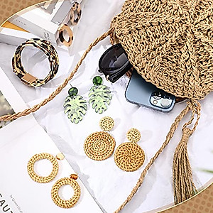 Beach Purse Earrings Set Straw Shoulder Bag Vacation Beach Purse with 4 Rattan Boho Tropical Earrings Leopard Bracelet Kit (Dark Color Round)