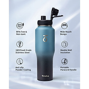 Trebo Water Bottle 32oz/64oz with Paracord Handle, Half Gallon Food-grade Double Wall Vacuum Stainless Steel Insulated Jug with Straw Spout Lids, Leakproof Keep Cold & Hot, Ombre: Indigo/Black