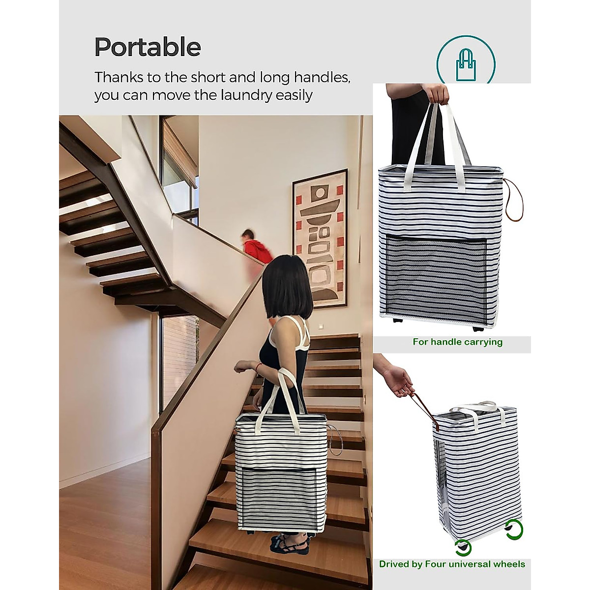 HiCharmcci Laundry Hamper, Wheeled Collapsible Clothes Hampers for Laundry, Large 82L, Dark Blue Strips, Sturdy Oxford Fabric, Mesh Closure, Portable Handle, Transparent Window