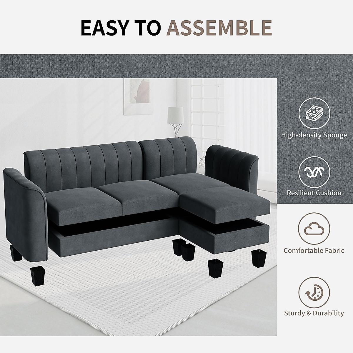 JAMFLY 79'' Sectional Sofa Couch for Living Room, Small 3-Seat L Shaped Couch with Linen Fabric, Convertible Sofa with Chaise Clearance Set for Small Space (Dark Grey)