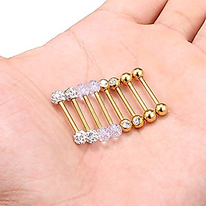 Ruifan 14G 9/16Inch Crystal Ball Nipple Tongue Shield Ring Barbell Body Piercing Jewelry Retainer 8PCS - Gold