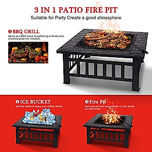 32 Inch Fire Pit Table for Outside Heavy Duty 3 in 1 Metal Square Firepit Table with Spark Screen Cover Log Grate and Poker for Outside Wood Burning and BBQ Drink Cooling