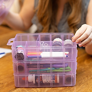 Everything Mary Stackable Storage Container, Purple - Portable Organizers with 30 Compartments - Three Tier Plastic Box with Handle