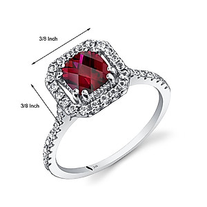 PEORA Created Ruby Ring for Women 14K White Gold with Genuine White Topaz, 1 Carat Cushion Cut 6mm, Halo Design, Size 8