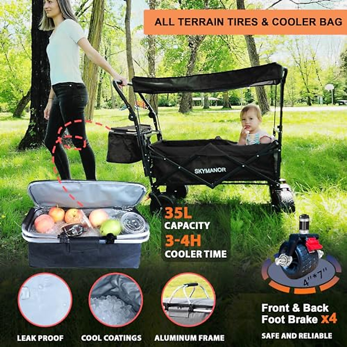 SKYMANOR Collapsible Wagon Folding Garden Cart with Removable Canopy Utility Wagon Cart with All-Terrain Wheels Brake Beach Cart for Sand Heavy Duty Beach Wagon for Camping Shopping (Black)