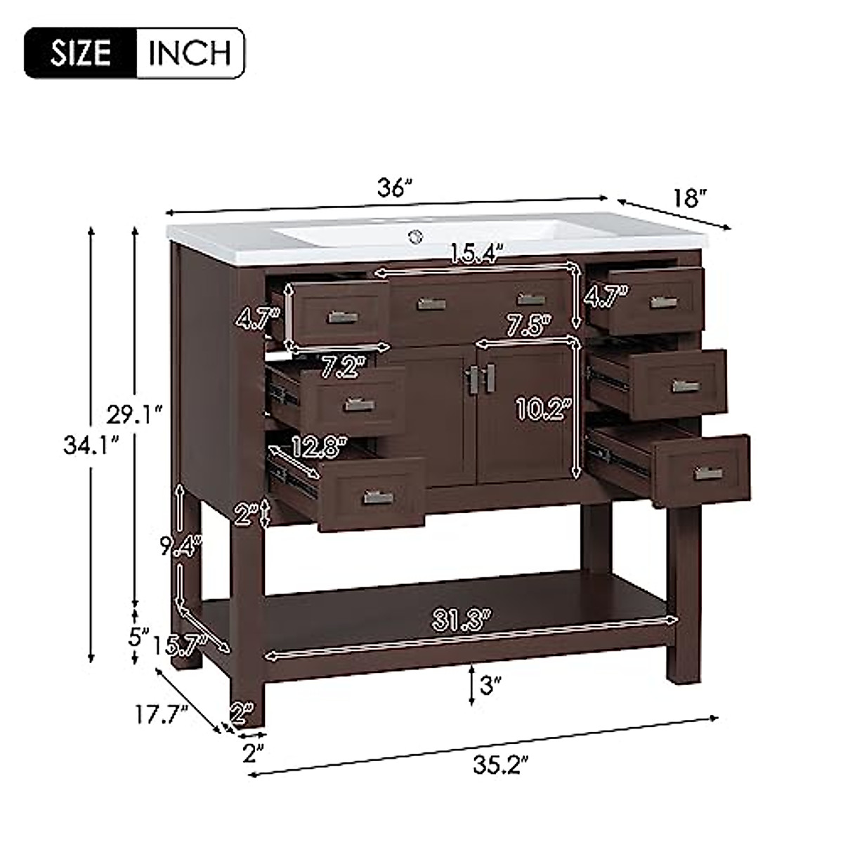VKKILPEE 36'' Freestanding Bathroom Vanity Set Bathroom Vanity with Top Sink, Bath Vanity Storage Cabinet with 6 Drawers & 2 Soft Closing Doors, Modern Bathroom Vanity and Sink Combo, Brown