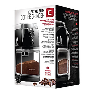 Chefman Coffee Grinder Electric Burr Mill - Freshly Grinds Up to 2.8oz Beans, Large Hopper with 17 Grinding Options for 2-12 Cups, Easy One Touch Operation, Cleaning Brush Included, Black