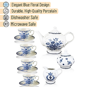 BTaT- Blue Dream Tea Set, Tea cups (8oz), Tea Pot (48oz), Creamer and Sugar Set, Gift box, China Tea Set, Tea Service, Tea Cups and Saucer Set, Tea Set for Adults, Porcelain Tea Set