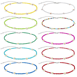 Hicarer 10 Pieces Bohemian Seed Bead Choker Necklaces Colorful Daisy Flower Bead Necklace Glass Beaded Choker Jewelry Gifts Handmade Y2k Necklace for Women Teen