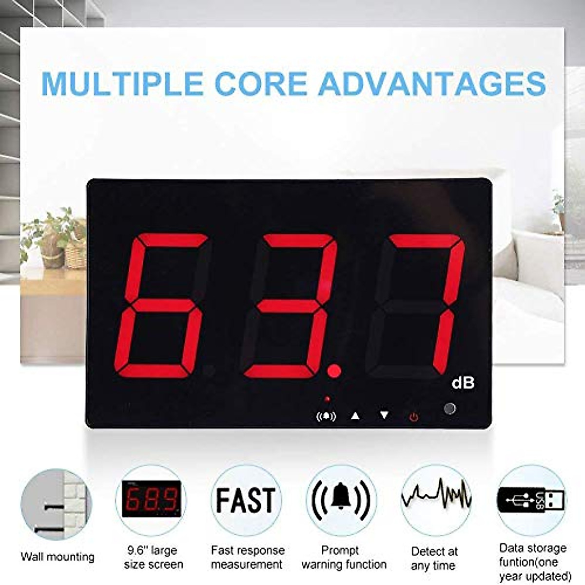 Fdit Wall Mounted Decibel Meter, Digital Sound Level Meter Noise Meter Tester Measurement Range 30-130dB, Accuracy 1.5dB with LCD Display