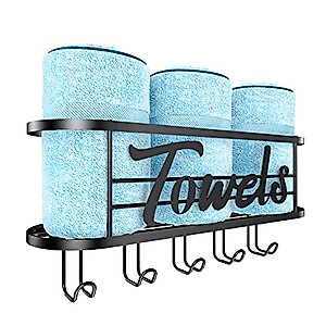 Towel Rack Wall Mounted - Rolled Towel Holder with 5 Towel Hooks, Organizer Bath Sheet and Hanging Towel - DELITON Black Bathroom Decor Storage Series