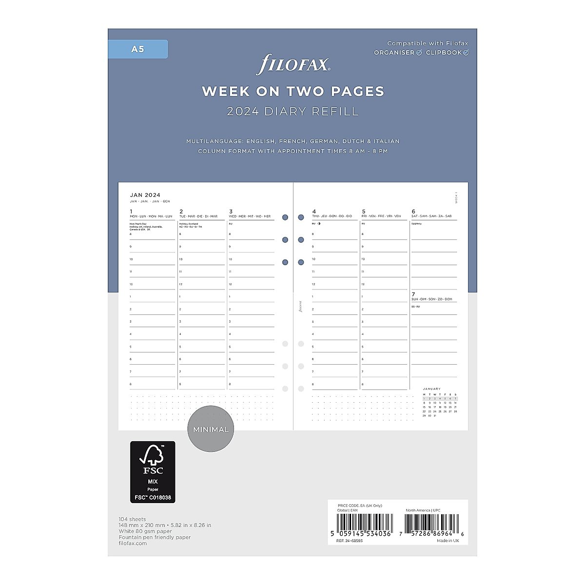 Filofax Calendar Diary Refill, A5 Size, Week-to-View with Appointments, Minimal Diary Pack, Vertical, White Paper, Multilingual: Five Languages, 2024 (C68593-24)