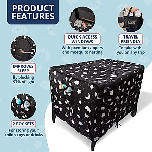 Bebey Pack n Play Blackout Cover - Blocks 97% of Light, Breathable and Stretchy Fabric with 1 Side Pocket, 3 Quick-Access Windows with Zippers - Blocks Light, Easy to Install, Portable, and Anti-climb