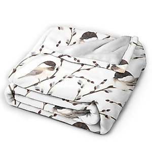 HGOD DESIGNS Bird Throw Blanket Flannel Fleece Blanket Willow Branches and Birds Black-Capped Chickadee Lightweight Throw for Bed Sofa Travel Teens Birthday s 50" x 60