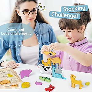 Luvios Toddler Toys Stacking Toys & Building Blocks & Farm Animals for Toddlers 1-3, Wooden Puzzles for Kids Ages 3-5 Wooden Montessori Toys Funny Gifts for 1 2 3 4 5 Year Old Boys Girls Toys
