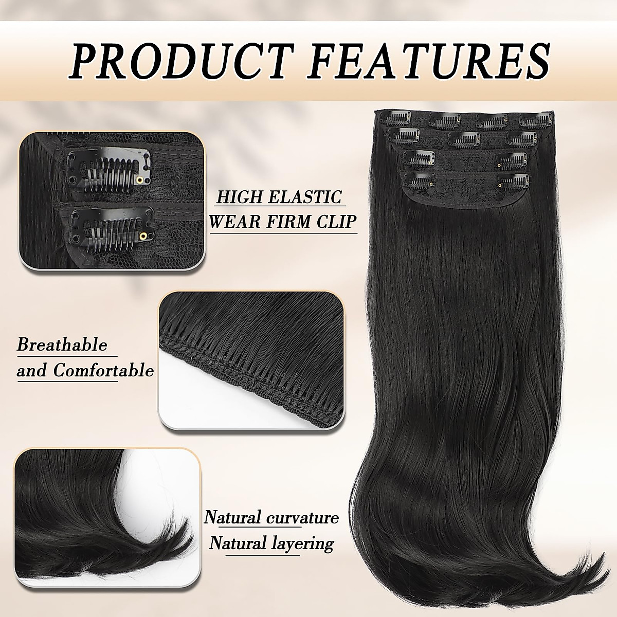 FREEMEIGE Clip in Hair Extensions,Black Hair Extensions for Women Straight Layered Hair Extensions Synthetic Heat Resistant Long Wavy Daily Use 20 Inch