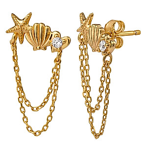 Disney Little Mermaid Jewelry, Seashell Dangle Chain Earrings, Flash Plated Sterling Silver