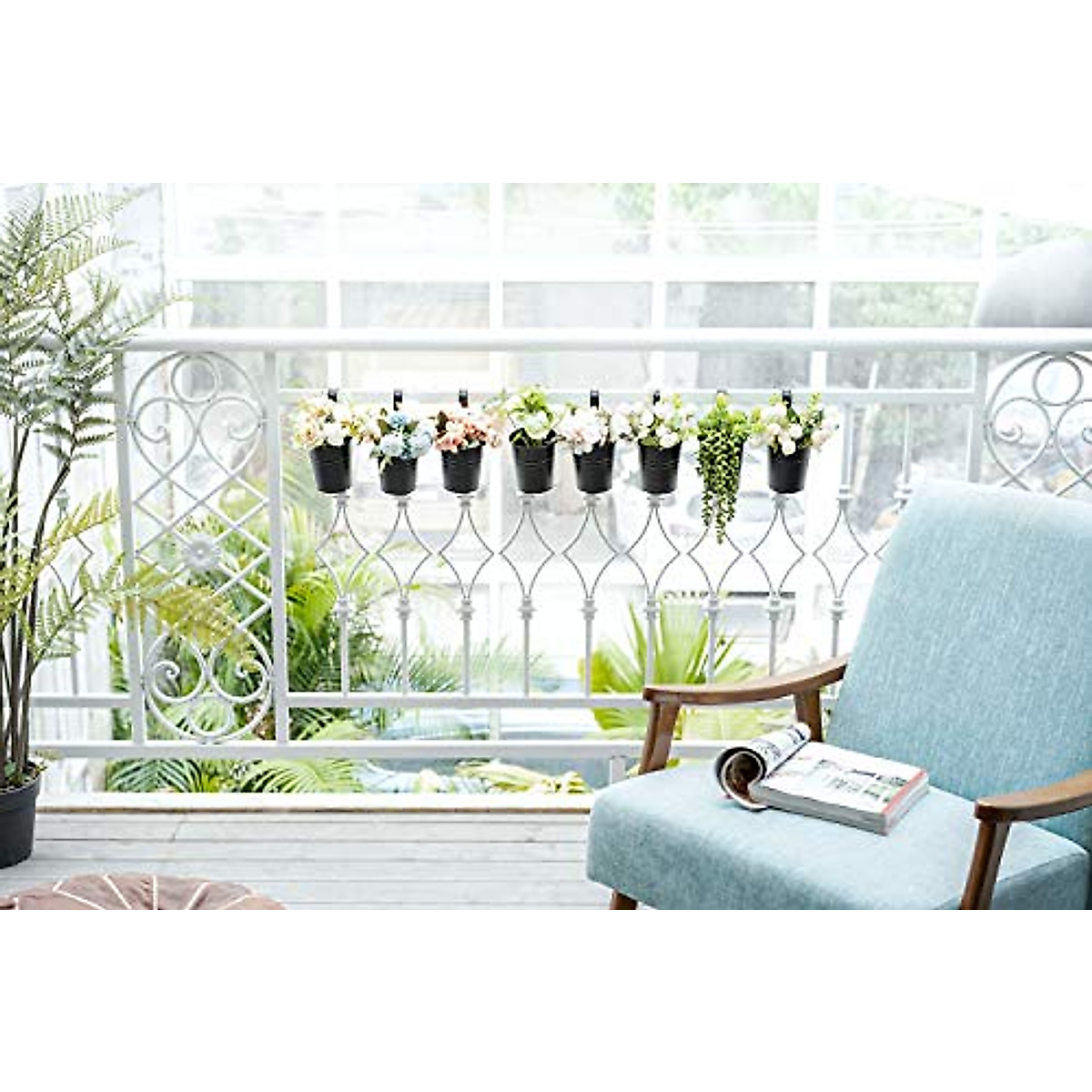 Dahey 10 Pcs Hanging Flower Pots Metal Iron Bucket Planter for Railing Fence Balcony Garden Home Decoration Flower Holders with Detachable Hooks, Black, 4 Inches