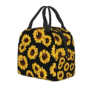 PrelerDIY Black Sunflower Lunch Box Insulated Meal Bag Lunch Bag Reusable Snack Bag Food Container For Boys Girls Men Women School Work Travel Picnic