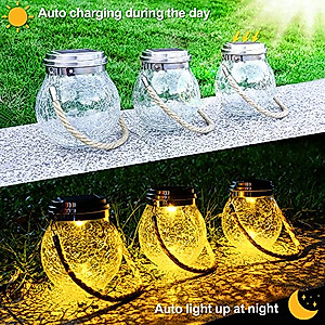 TonyEst Outdoor Solar Lantern, 2 Pack LED Amber Warm Hanging Lanterns Garden Solar Lights Decorative Crackle Glass Ball Waterproof, Solar Powered with 2 Optional Modes for Table Deck Yard Patio Decor