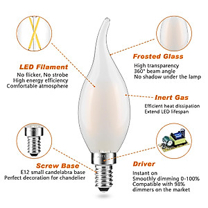 AIELIT Frosted E12 LED Candelabra Bulb, 2 Watt(25W Equivalent), Soft Warm 2700K, Dimmable CA10 Flame Tip LED Light Bulbs for Pendant Chandelier Ceiling Fans, 4-Pack