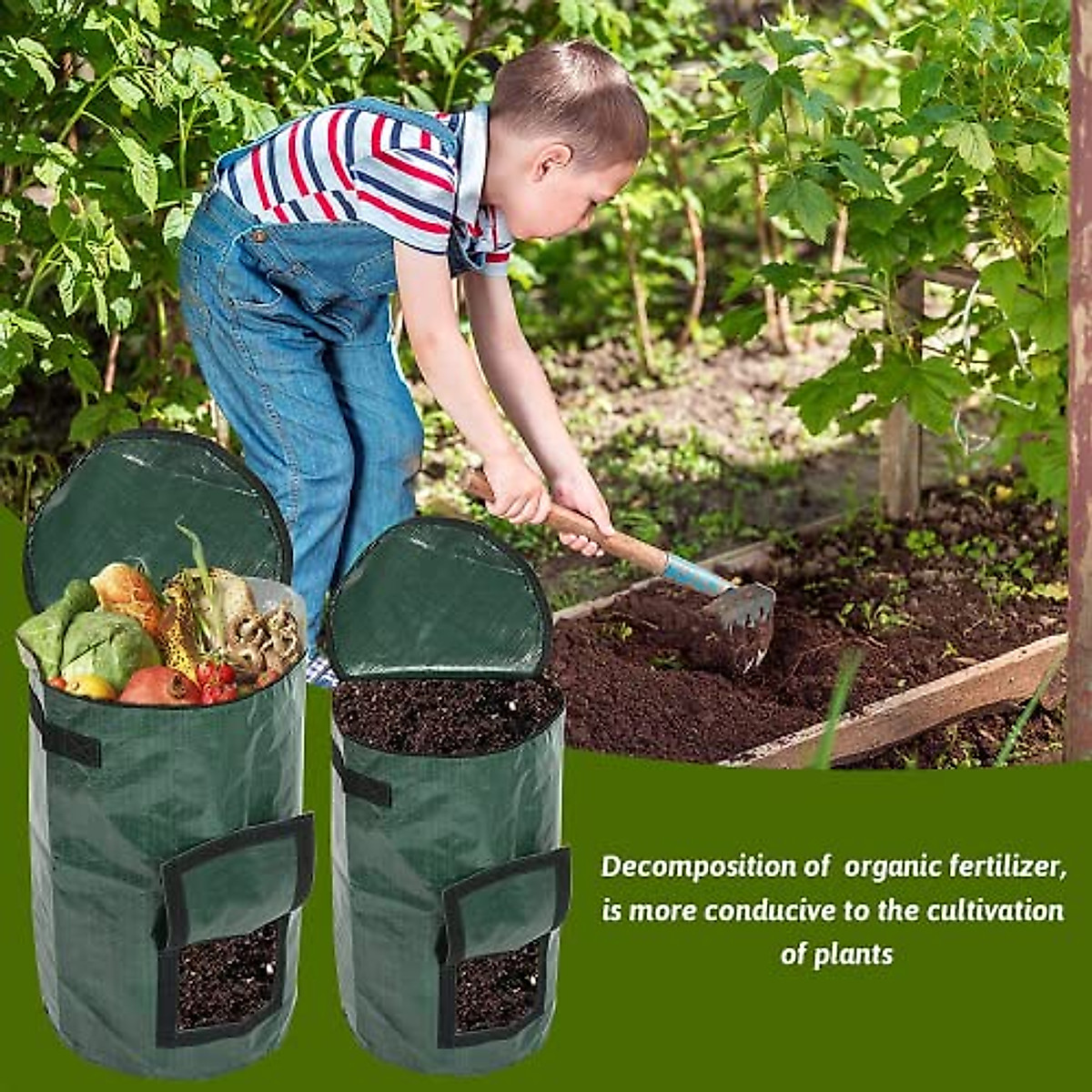 Garden Compost Bag, Outdoor Compost, Reusable Garden Waste Bag with Lid, Collapsible Leaf Lawn Bags (2 Pack 15 Gallon/34 Gallon Multifunction Gardening Container) Green