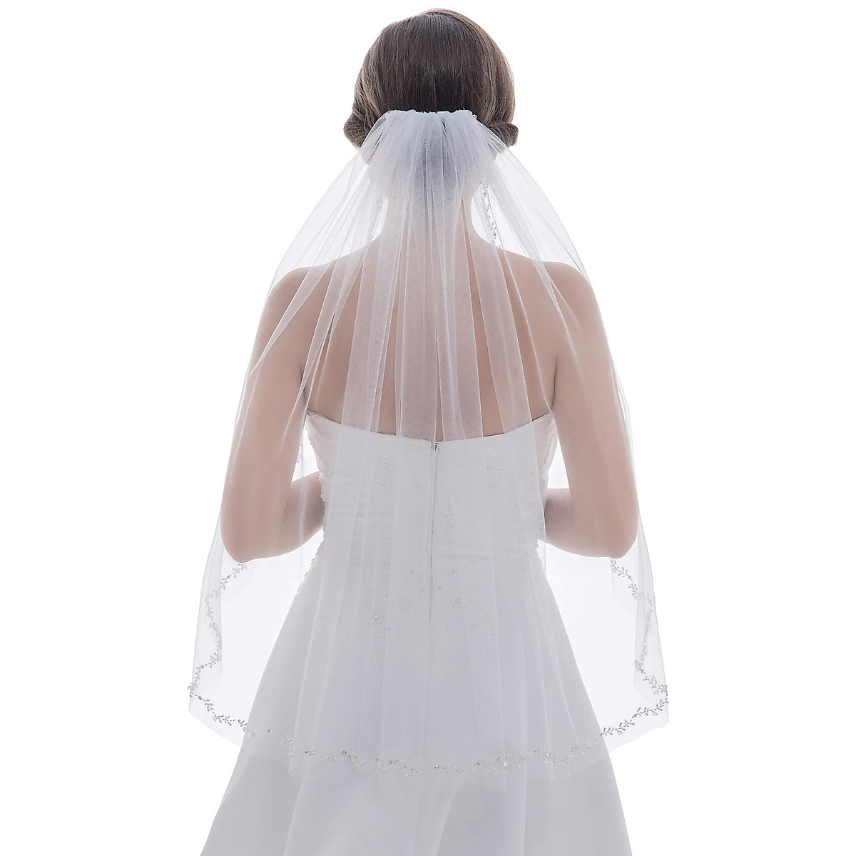 SAMKY 1T 1 Tier Offset Floral Vine Edge Crystal Pearl Veil - Light Ivory Fingertip Length 36" V580