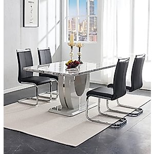 5 Piece Faux Marble Dining Table Set for 4, Modern Kitchen Table and Chairs Set with 1.4" Thick Faux Marble Table and 4 Faux Leather High Back Upholstered Dining Chair for Dining Room