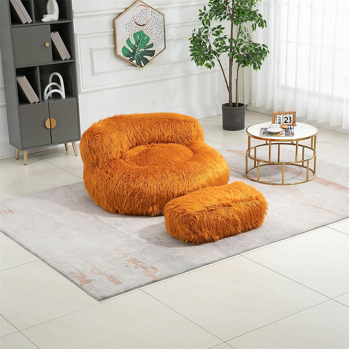 Plush Memory Foam Lounge Chair with Ottoman - Oversized Recliner High Back Lazy Sofa Chair with High Resilience Foam, Solid Wood Frame, Iron Legs - Comfortable Single Living Room Chair (Orange)