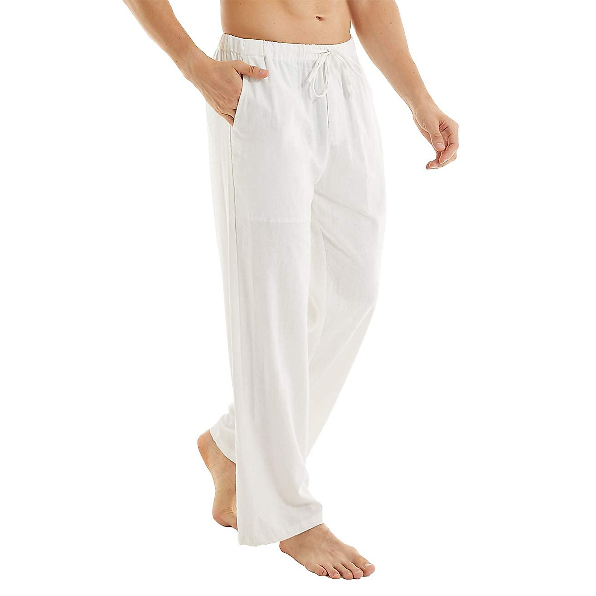 YuKaiChen Men's Casual Beach Pants Drawstring Cotton Linen Loose Open Bottom Yoga Trousers Pockets White XXL