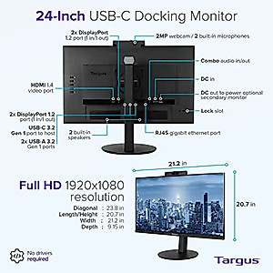 Targus 24-inch USB-C Docking Computer Monitor w/ 100W PD, Adjustable Height Mac PC Monitor 360 Degree Rotating 24 inch Monitor Gaming Monitor w/Dock, Dual Monitor Compatible w/DM4240SUSZ (DM4240PUSZ)