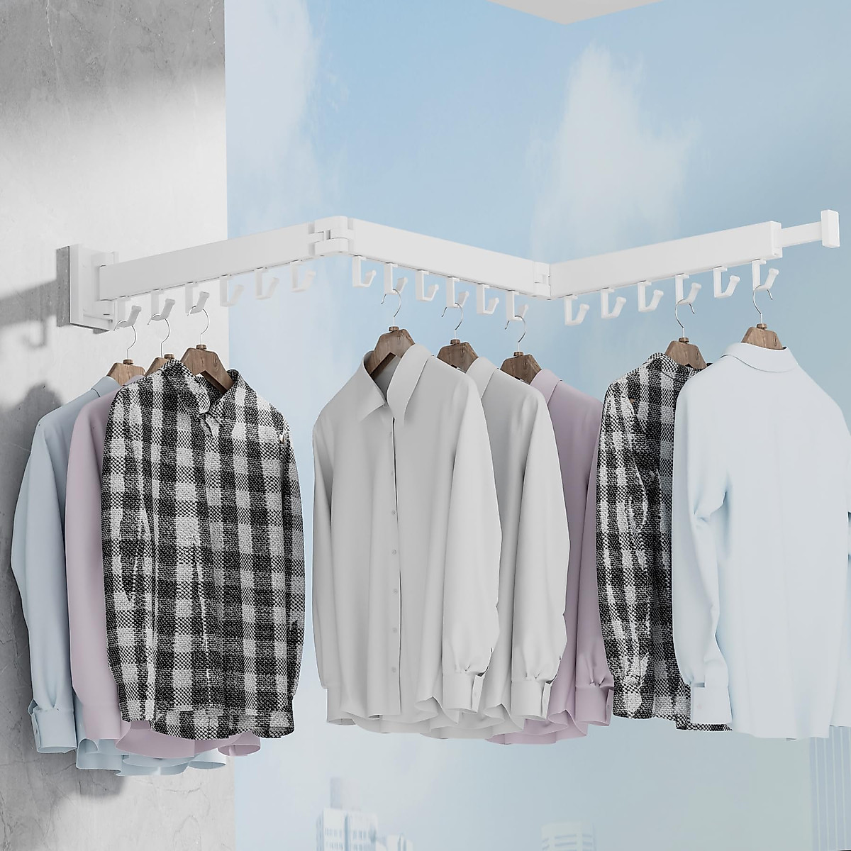 Dr.DJ Clothes Drying Rack for Laundry, Retractable Clothes Hanger Rack Wall Mounted Folding Indoor, Drying Rack, Space Saver Clothes Rack,Collapsible (Tri-Fold) with 18 J-Hooks Laundry Rack White