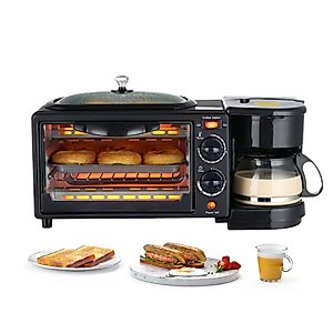 BYHIP 3-in-1 Breakfast Station - Includes Coffee Maker, Non-Stick Griddle, and 4-Slice Toaster Oven - Versatile Breakfast Maker with Timer Suitable for Kitchenettes/Apartments/Dormitories- Black