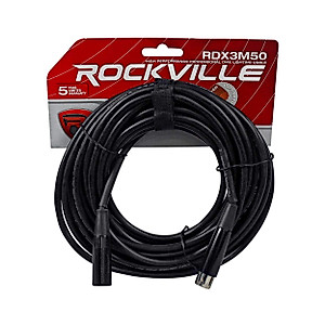 Rockville RDX3M50 50 Foot 3 Pin DMX Lighting Cable 100% OFC Copper Female 2 Male, Black