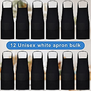 Dwrttow 12 Pack Bib Apron,Black Aprons Bulk,Unisex Black Plain Aprons with 2 Pockets,Blank Apron with Long Ties for Adults Cooking Painting BBQ Grilling Baking Machine Washable,32 x 28 Inch