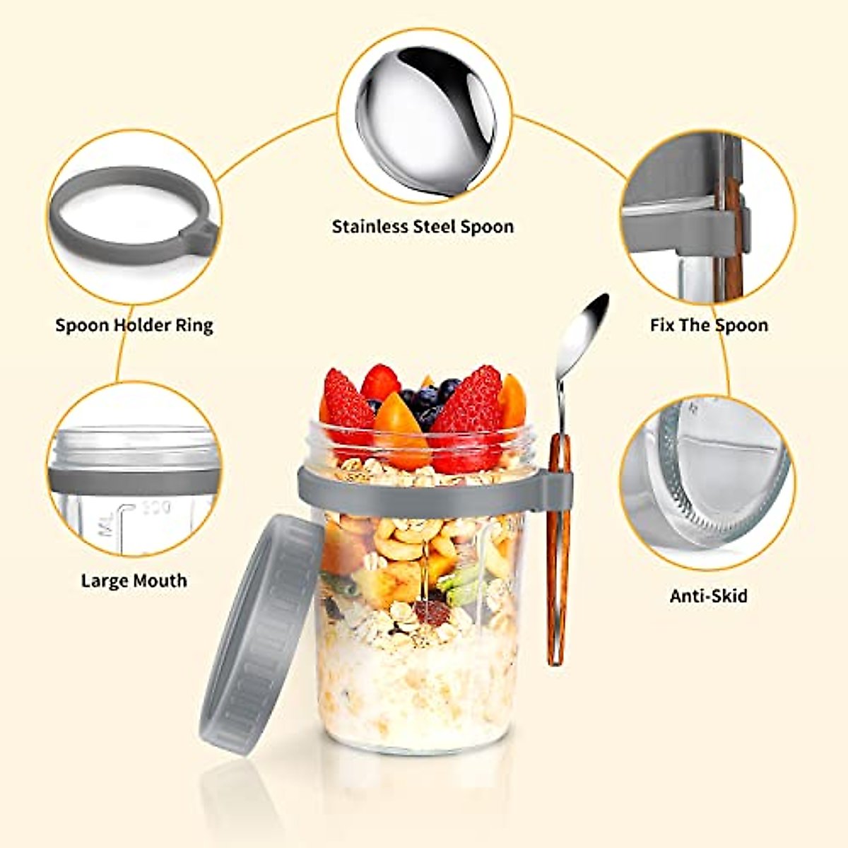 Bupto 4 Pack Overnight Oats Containers with Lids and Spoons, 16 oz Airtight Overnight Oats Jars with Measurement Marks Salad Jars for Cereal Milk Yogurt Vegetable Fruit On the Go Container (4 grey)