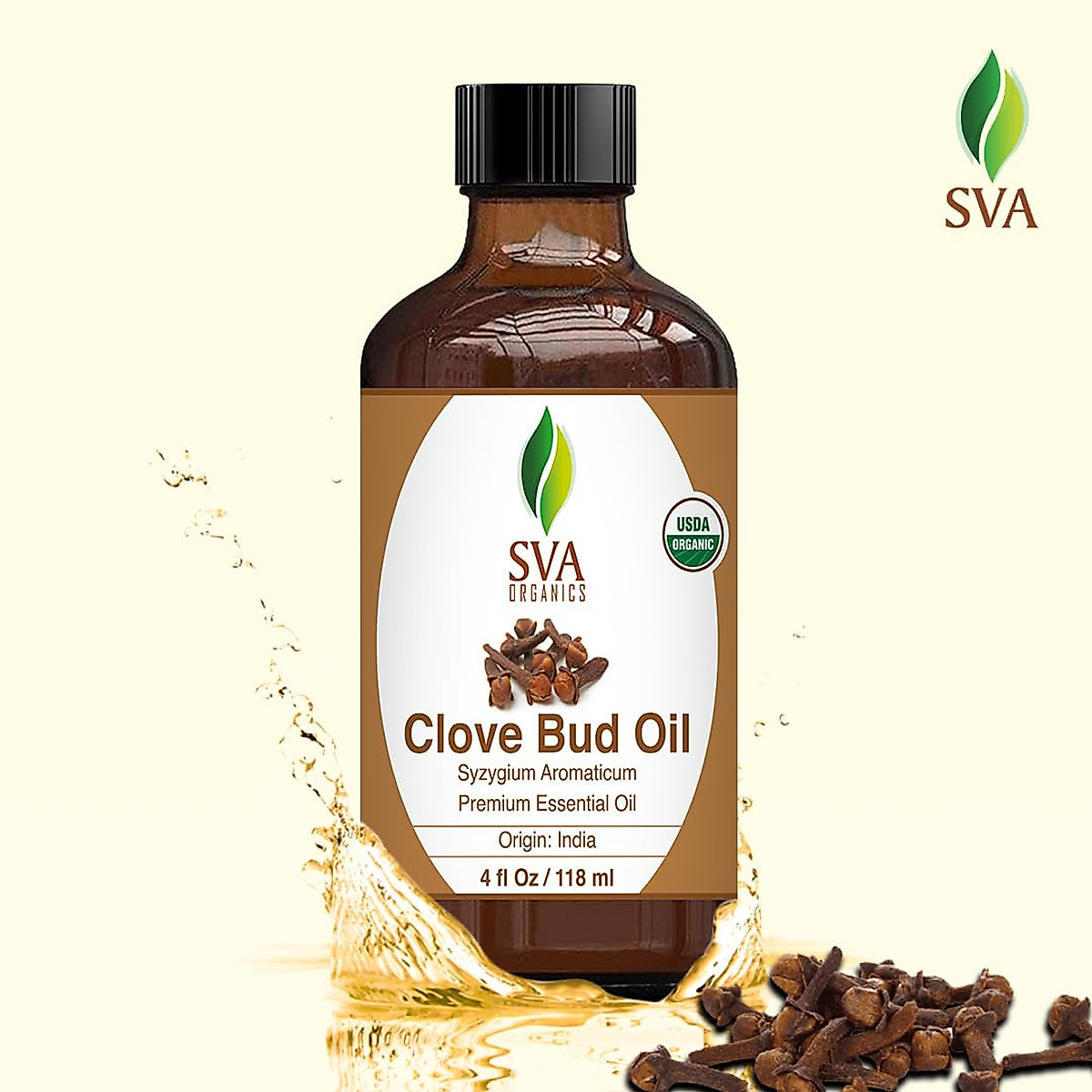 SVA Clove Bud Essential Oil Organic – 4 Fl Oz – 100% Natural Organic Clove Oil - for Diffuser, Hair Care, Face, Skin Care, Aromatherapy, Scalp and Body Massage, Soap and Candle Making - with Dropper
