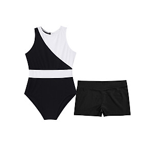 Hansber Kids Girls Sleeveless Gymnastics Leotards with Shorts 2 Piece Dance Outfits Ballet Dance Biketard Gym Workout Bodysuit White 7-8