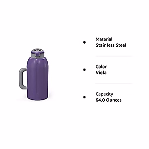 Zak Designs 64oz Genesis Double-Wall Vacuum-Insulated Stainless Steel Water Bottle with Easy-Open Button Lid and Built-In Carry Handle, Leak-Proof Design (64oz, Viola)