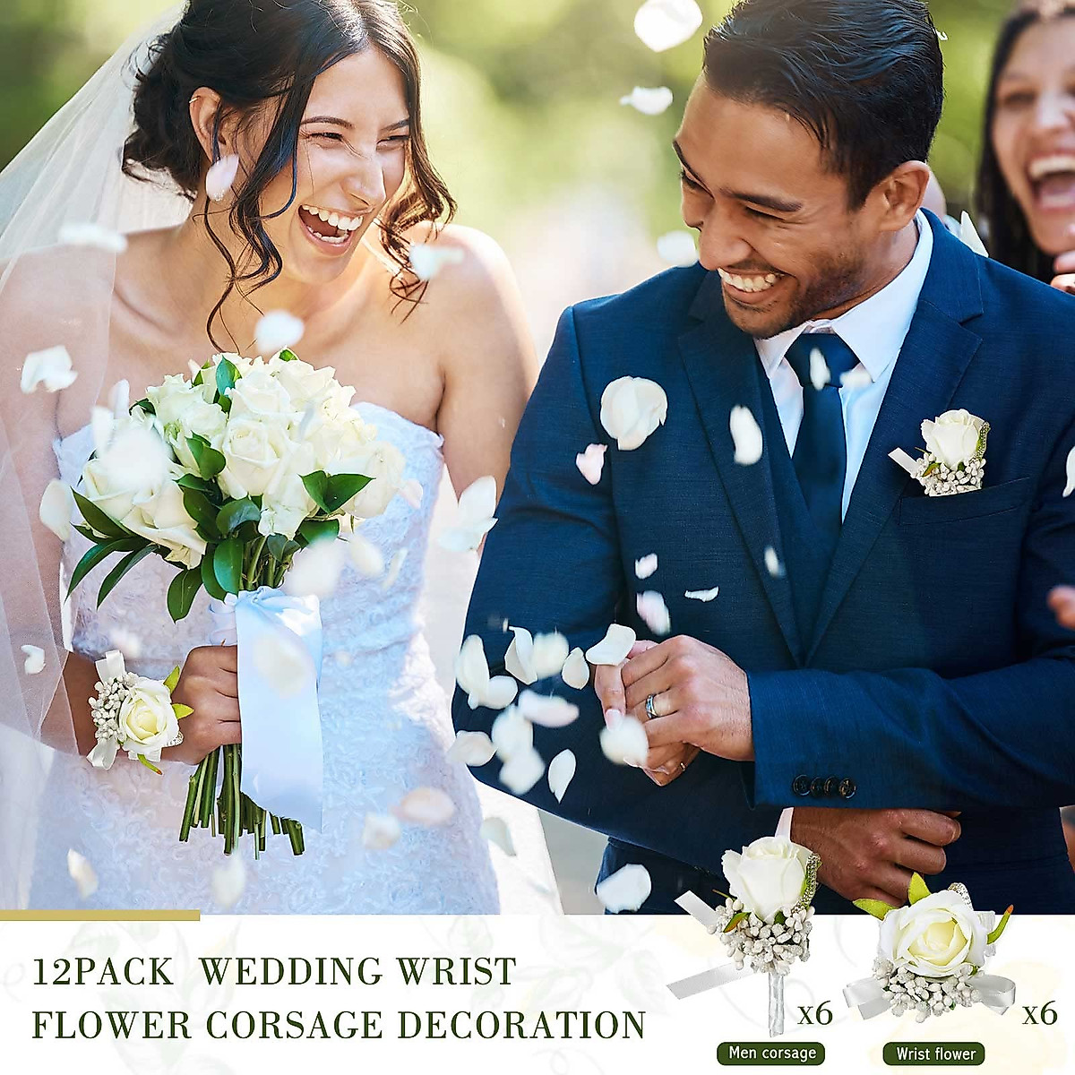 Geosar 12 Pcs Wedding White Corsage and Boutonniere Set for Bride, Bridesmaid, Includes 6 Artificial Corsage Wristlet and 6 Boutonniere for Men Wedding Wrist Corsage Rose Prom Suit Decorations