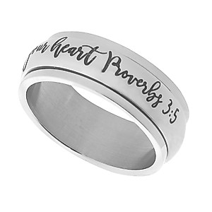 Beads & Pearls Jewelry 8mm Stainless Steel Women's Men's Spinner Ring - Trust in The Lord with All Your Heart Christian Religious Ring Jewelry, Spinner Anxiety & Stress Relief, Size 7, Silver
