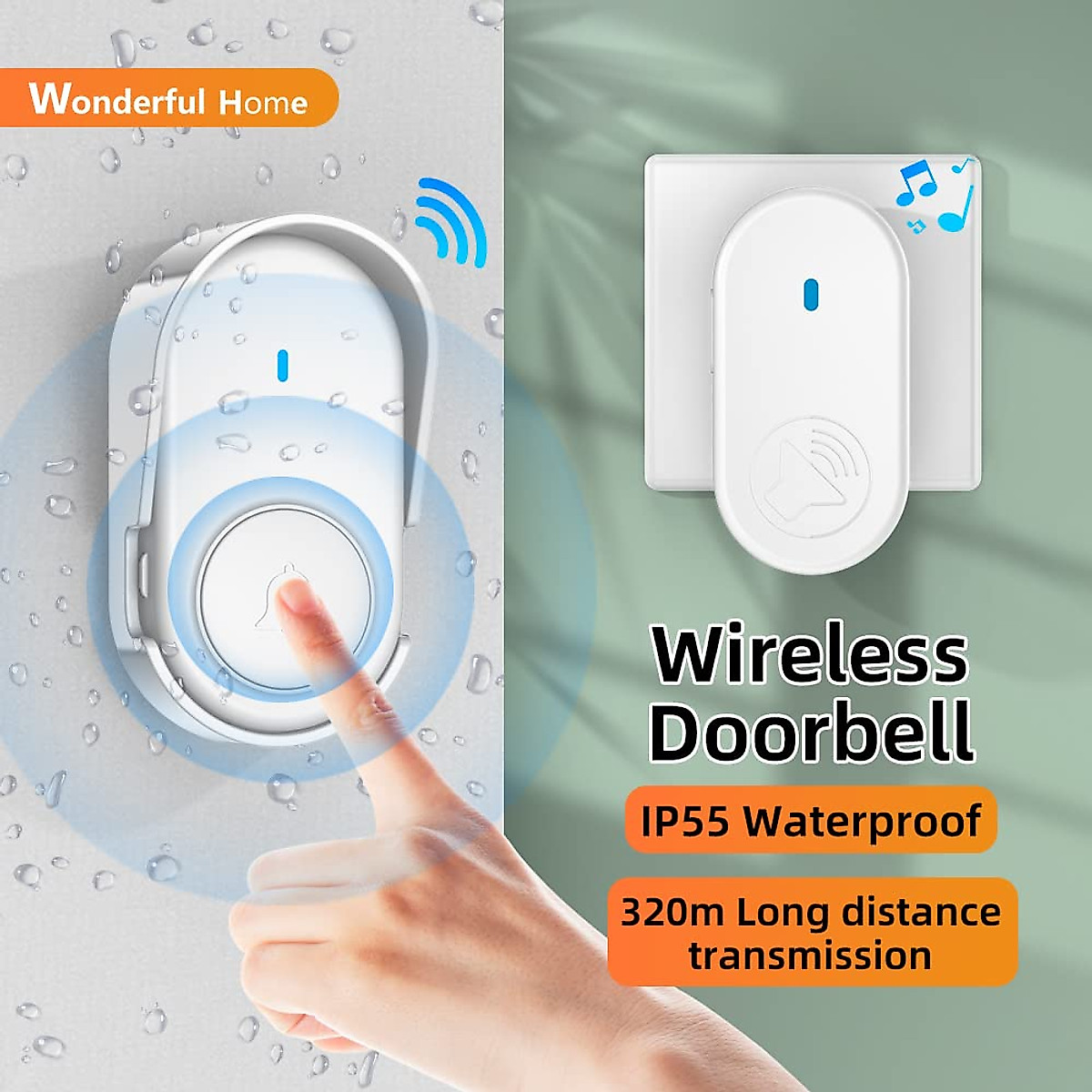 Wonderful Home Wireless Doorbell with IP65 Waterproof 1050 Feet/320M and 5 Adjustable Volume Levels 38 Melodies Doorbell Chime and LED Flashing